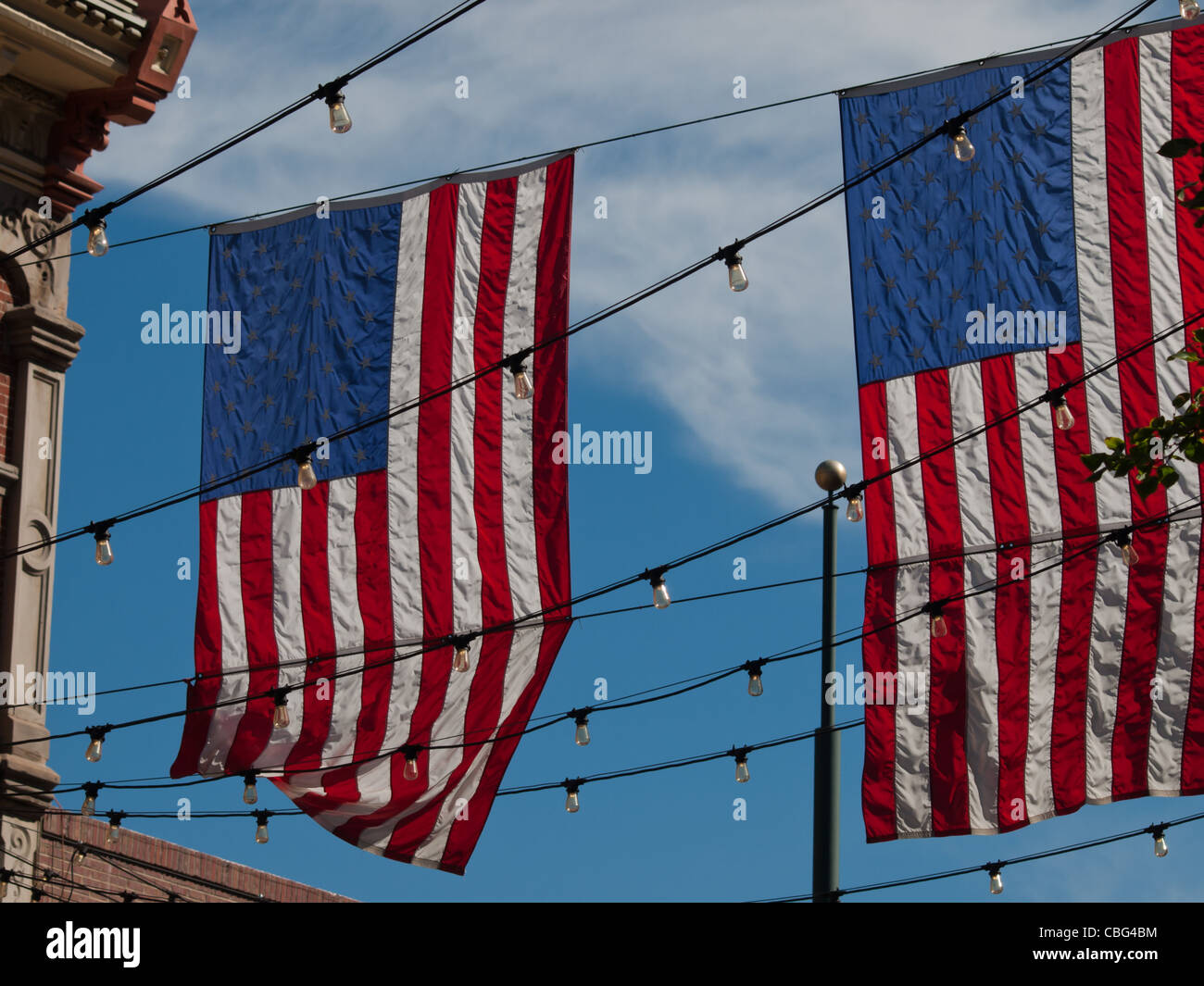 Larimer Square in Denver, Colorado with american flags Stock Photo - Alamy