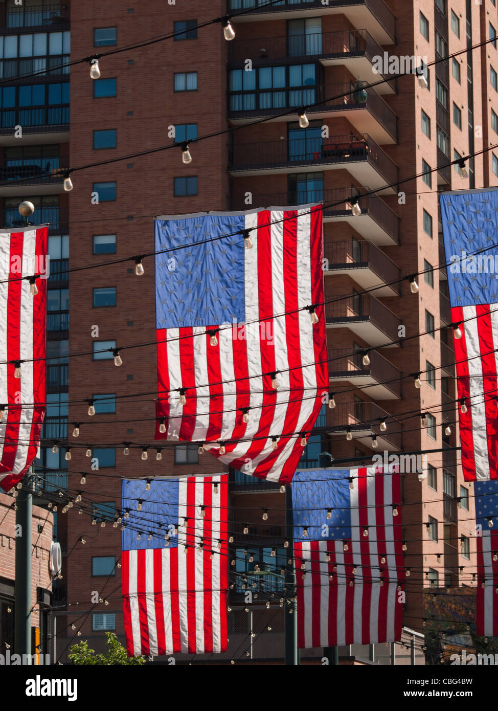 Larimer Square in Denver, Colorado with american flags Stock Photo - Alamy