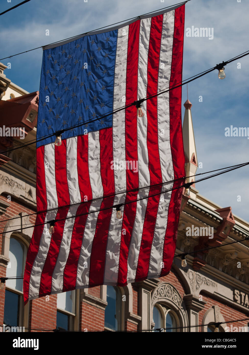 Larimer Square in Denver, Colorado with american flags Stock Photo - Alamy