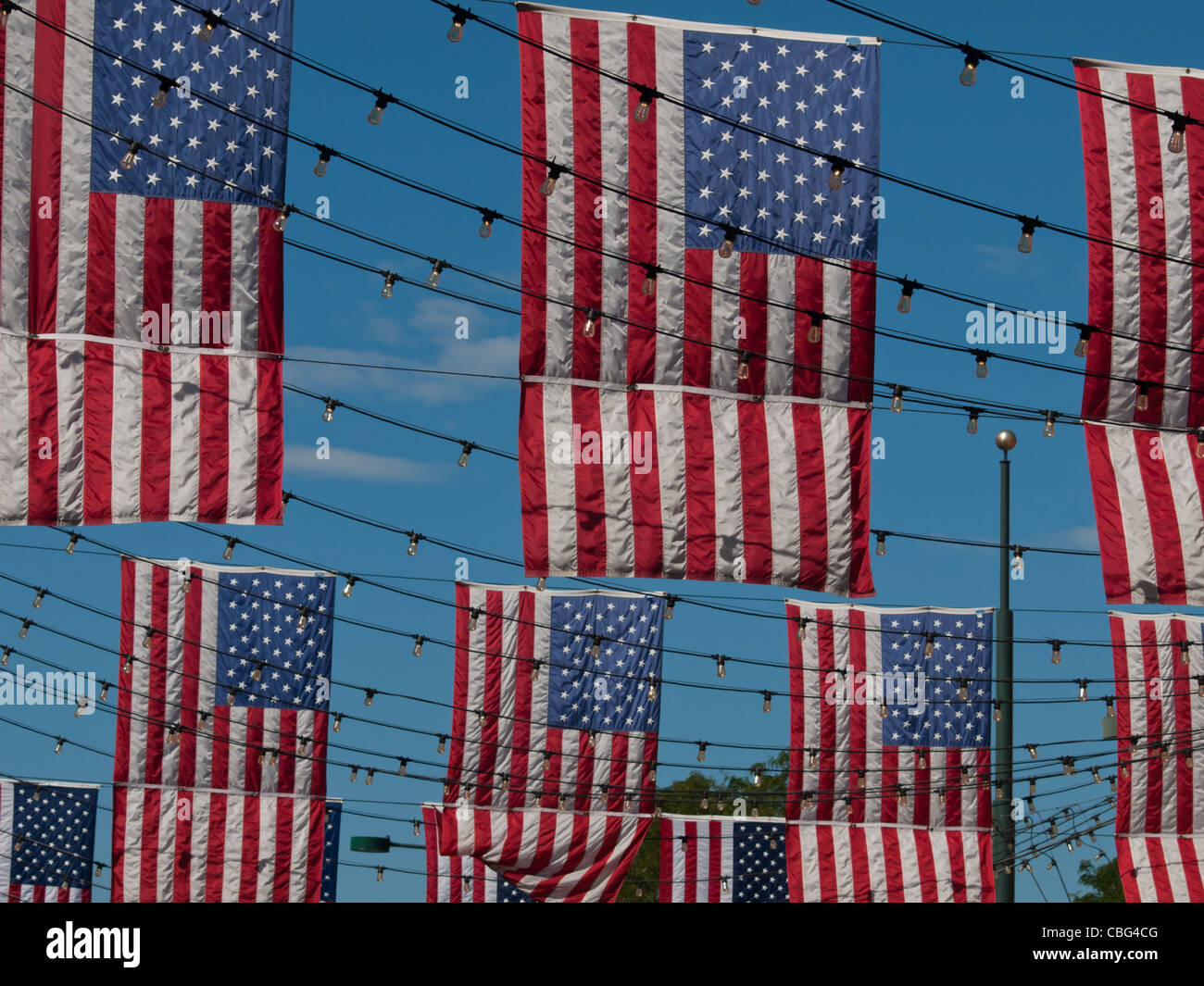 Larimer Square in Denver, Colorado with american flags Stock Photo - Alamy