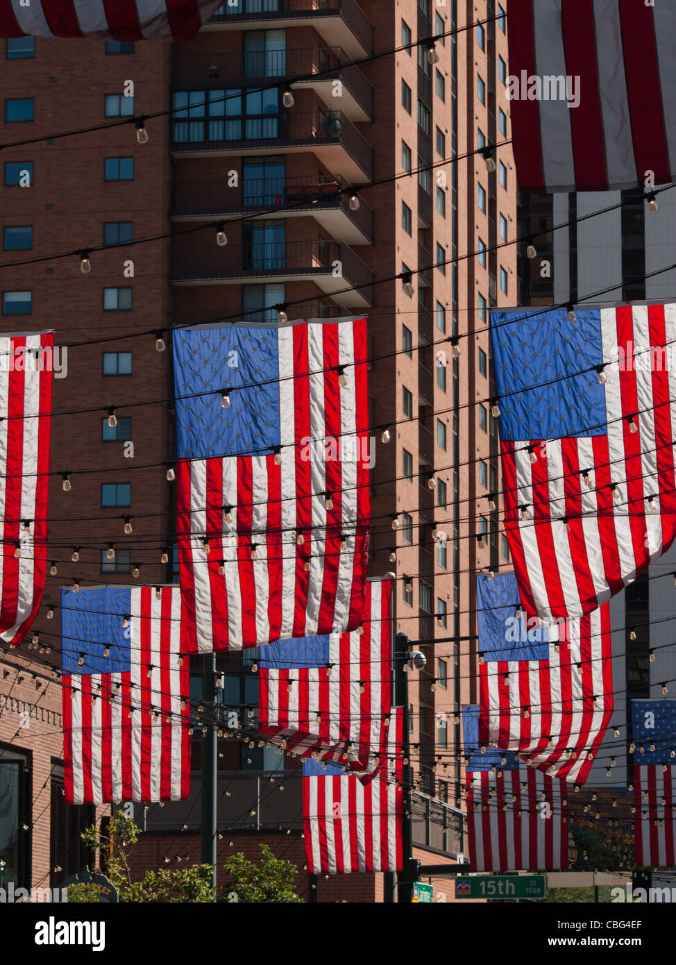 Larimer Square in Denver, Colorado with american flags Stock Photo - Alamy