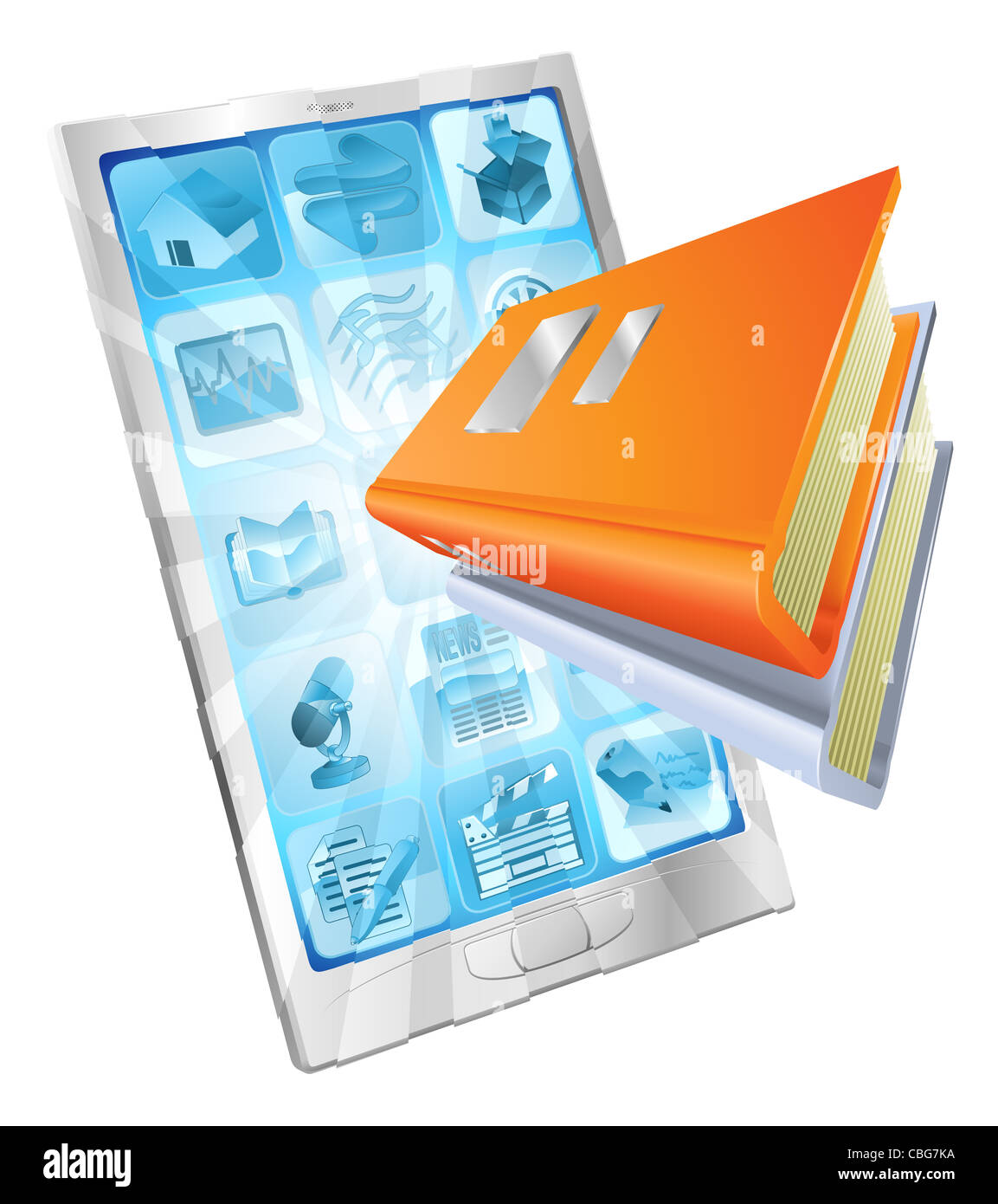 Book icon coming out of phone screen concept for ebooks, reader apps ...