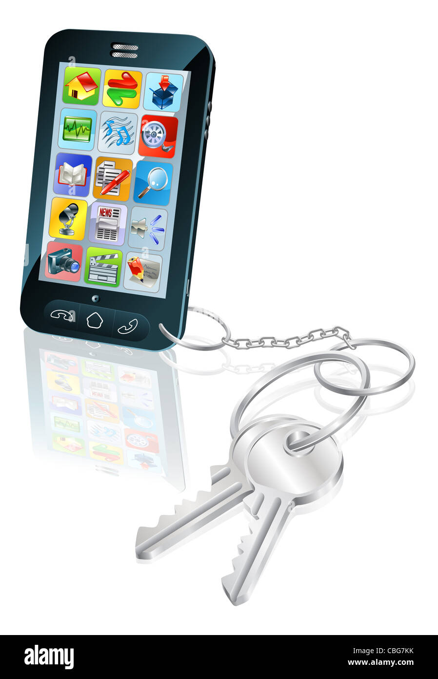 Illustration of mobile phone with keys attached. Concept for secure ...