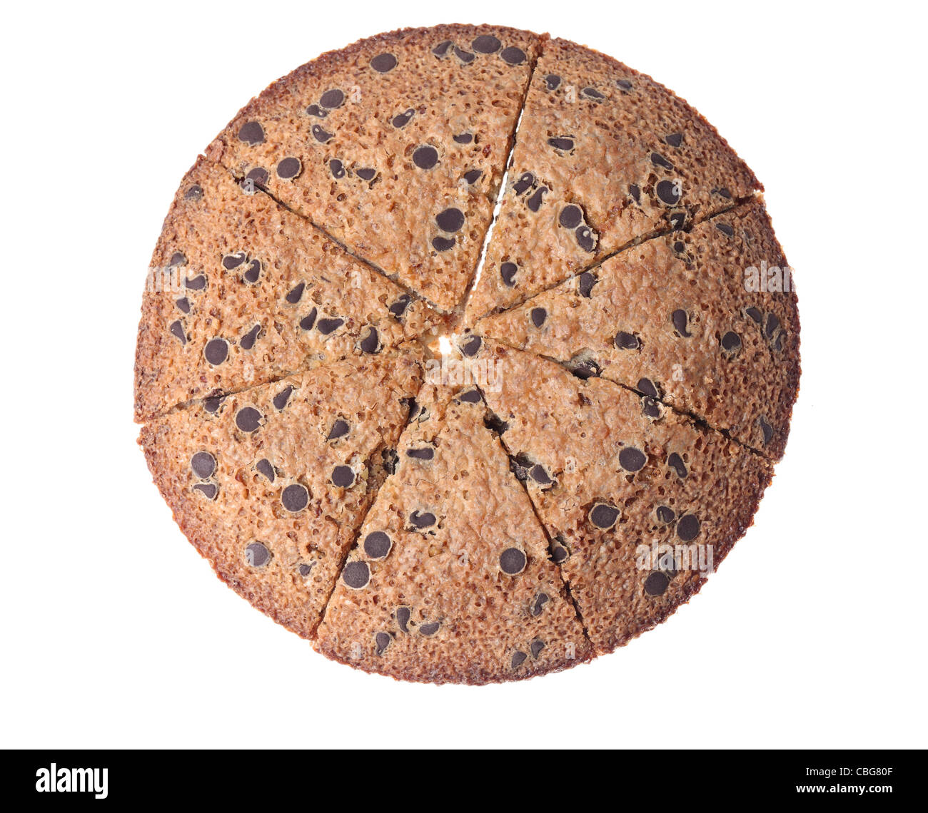Upper view of a sliced round French cake with chocolate, isolated ...