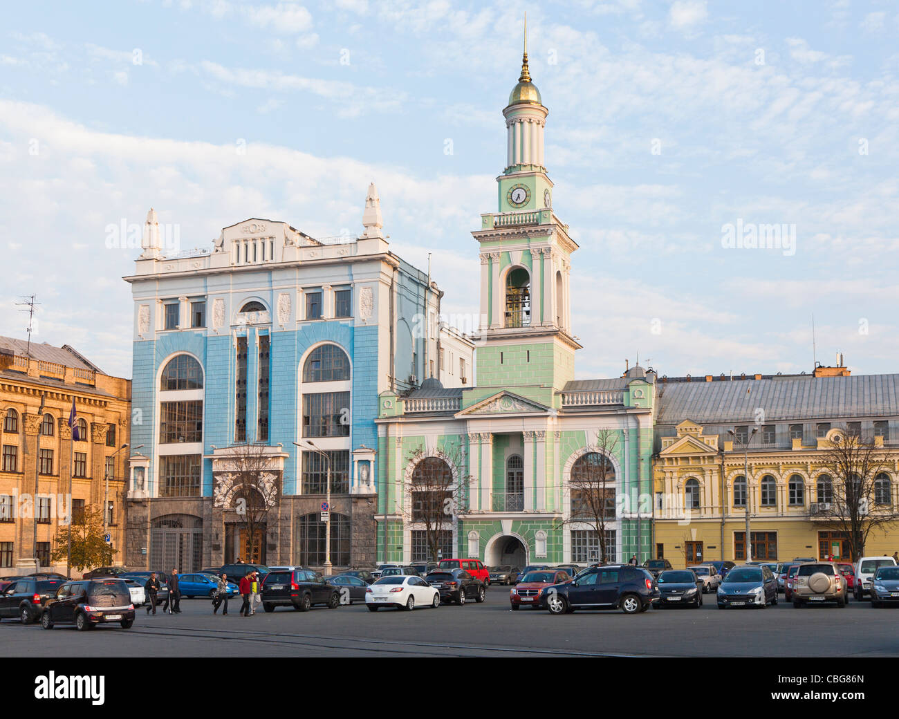 Colourful buildings in city square, Kontraktova Ploshcha, Podil, Kiev ...