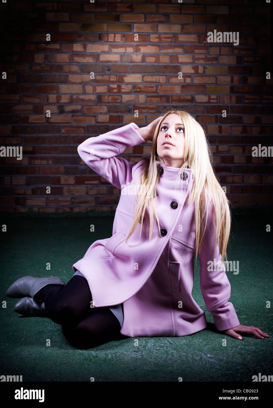 young woman model posing against a brick wall background Stock Photo ...