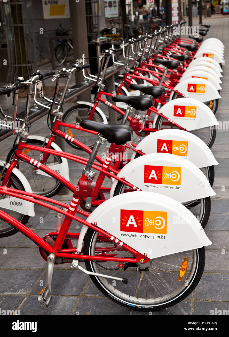 A line of bicycles for rent at a Velo station in the centre of Antwerp ...