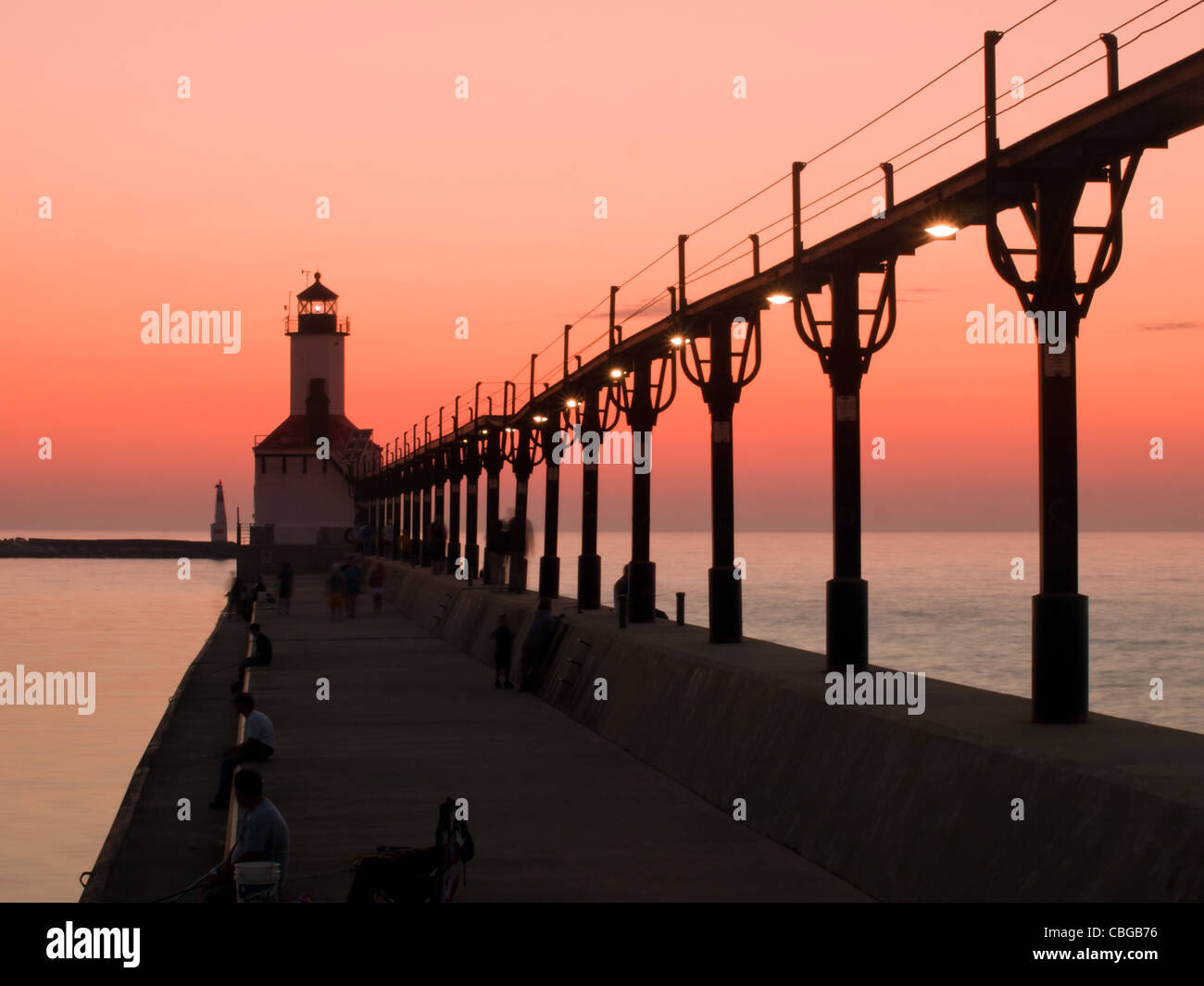 Sunset at Michigan City Lighthouse, Michigan City Indiana Stock Photo ...