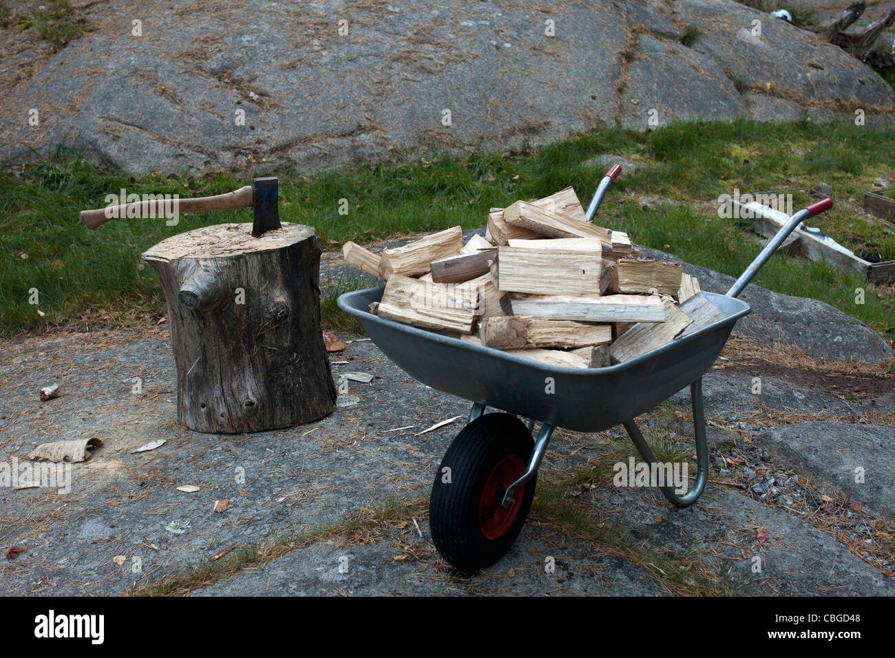 Logs in wheelbarrow and an axe in tree trunk Stock Photo - Alamy