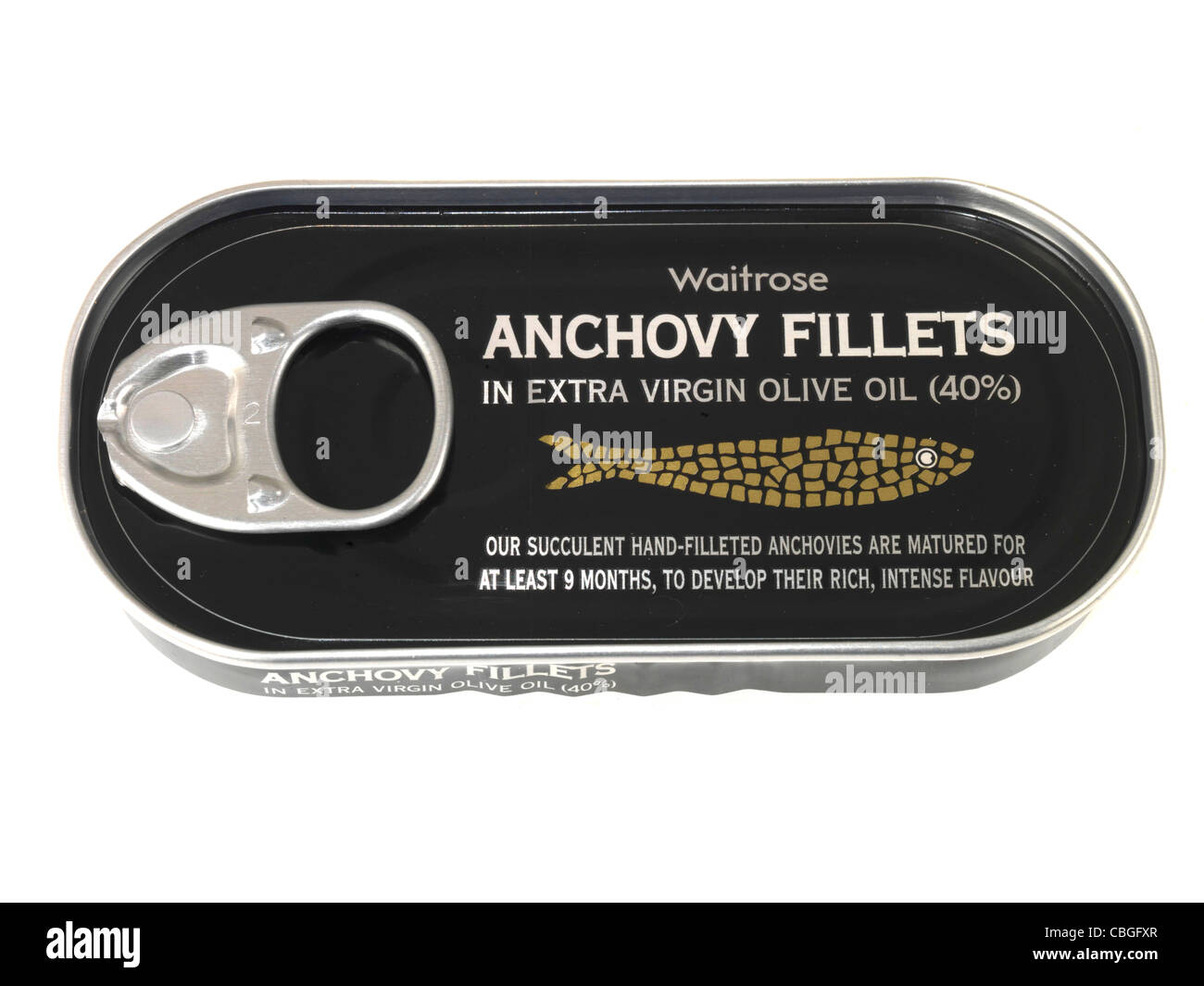 Branded Tin Of Waitrose Anchovy Fillets In virgin Olive Oil Isolated ...