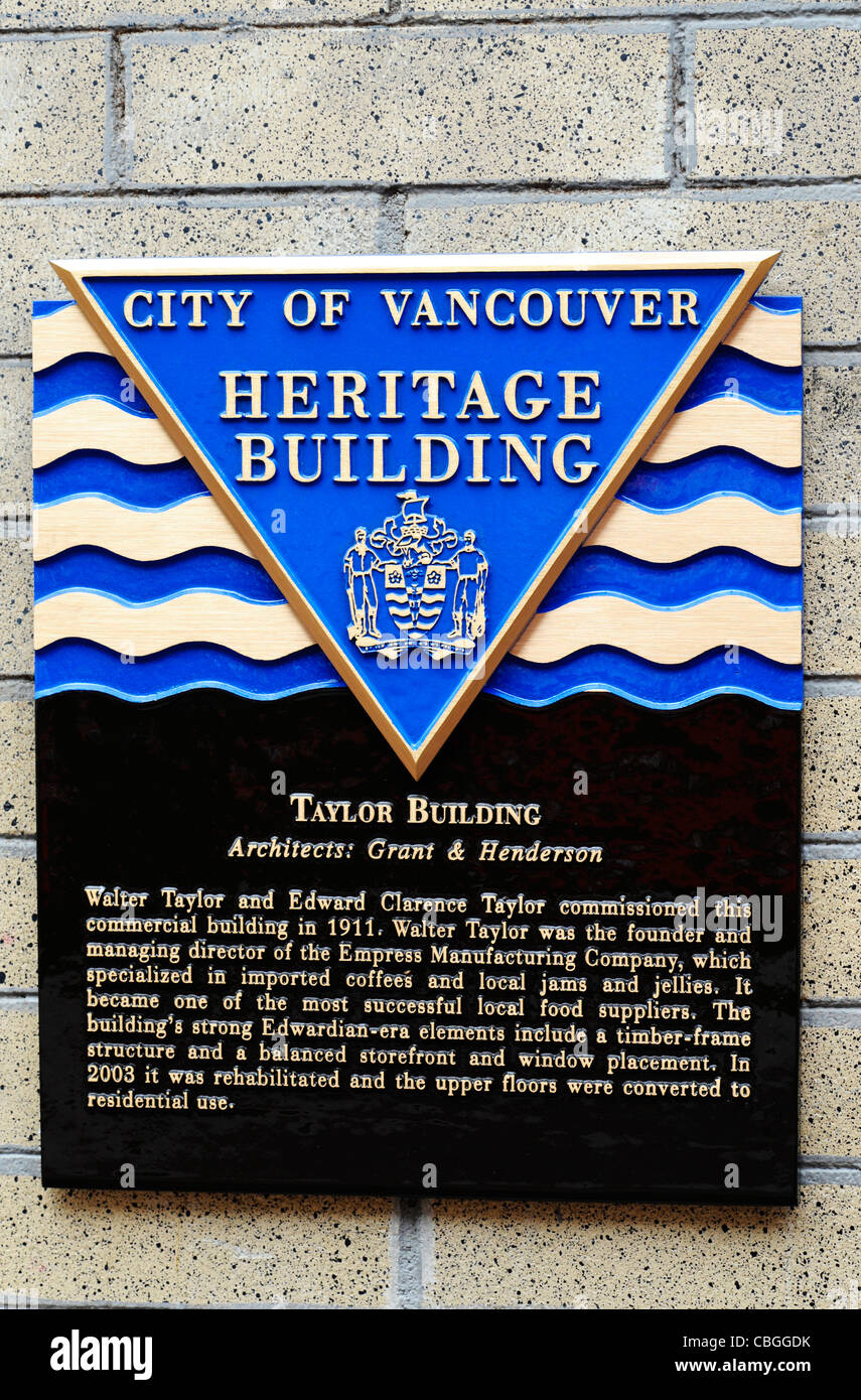 City of Vancouver Heritage Building plaque Stock Photo - Alamy