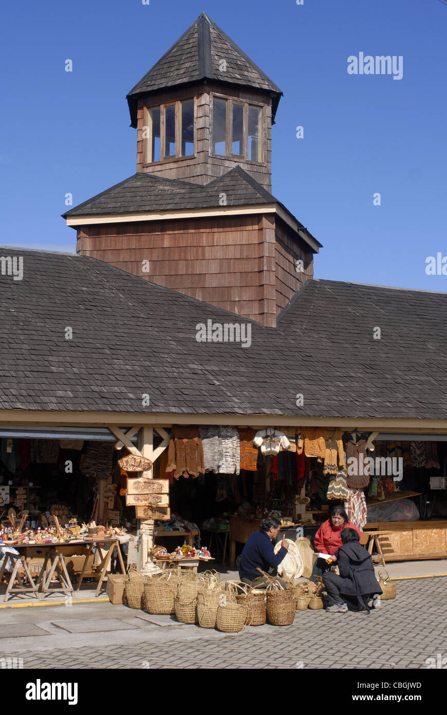 Handcraft Market in a typical wood construction, at Delcahue. Chiloe ...