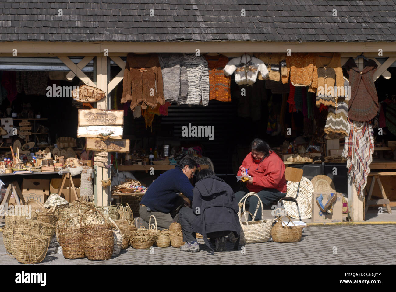 Handcraft Market in a typical wood construction, at Delcahue. Chiloe ...