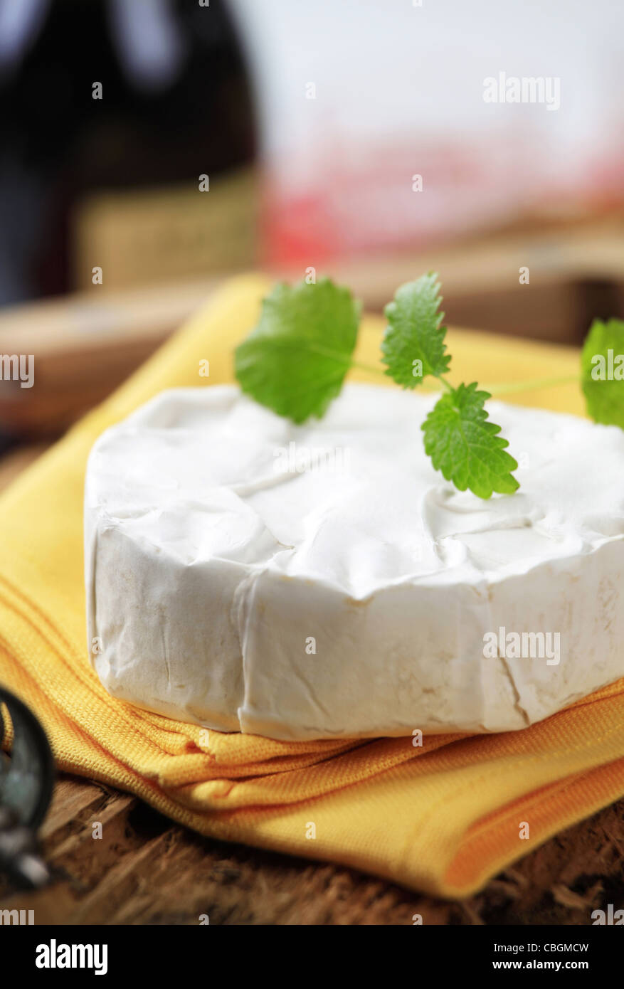 Wheel of white rind cheese - closeup Stock Photo - Alamy