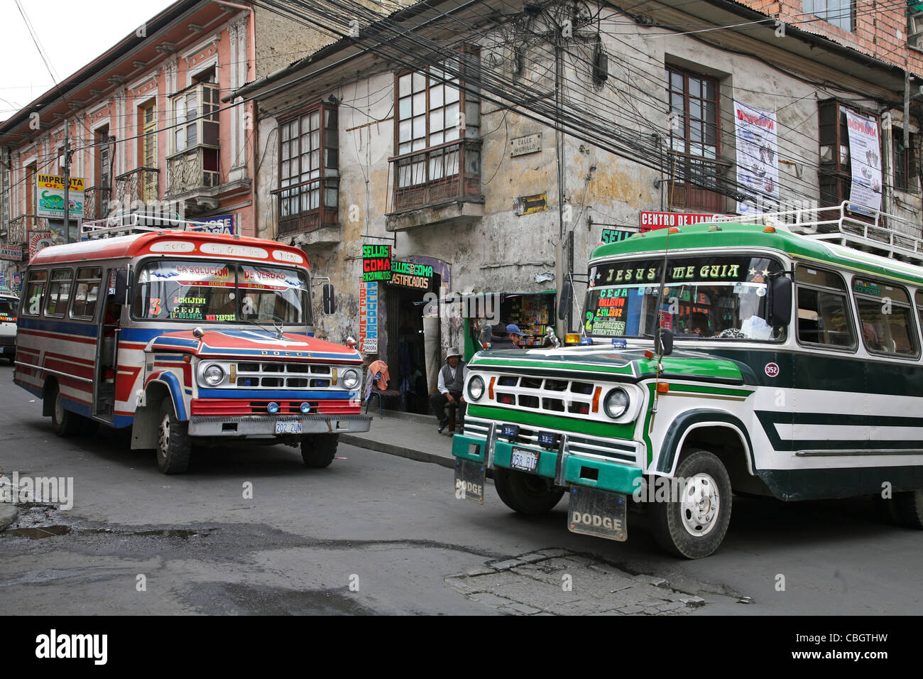 Street corner with colourful buses as public transport in the city La ...