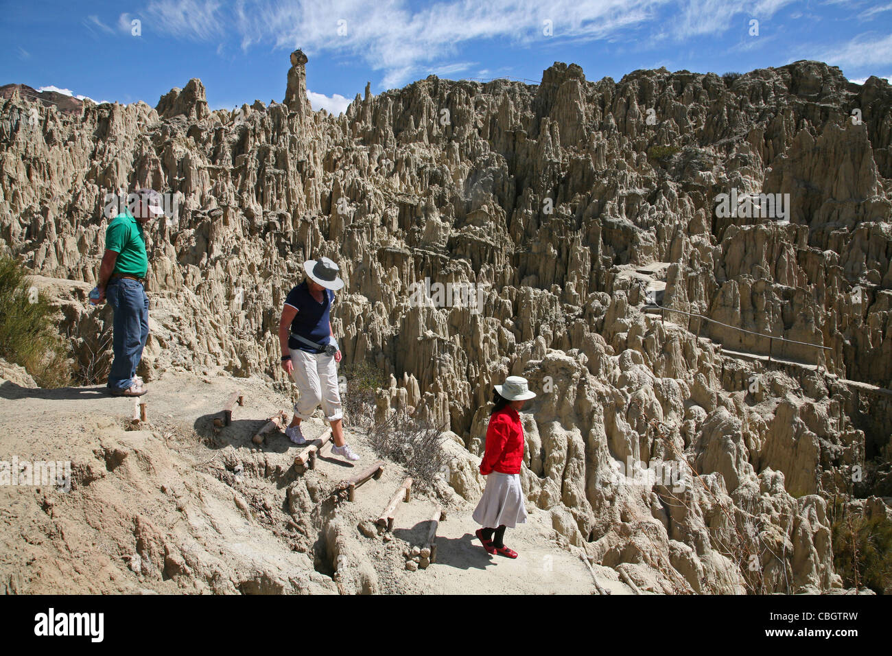 Tourists visiting the eroded limestone rock formations in the Valley of ...
