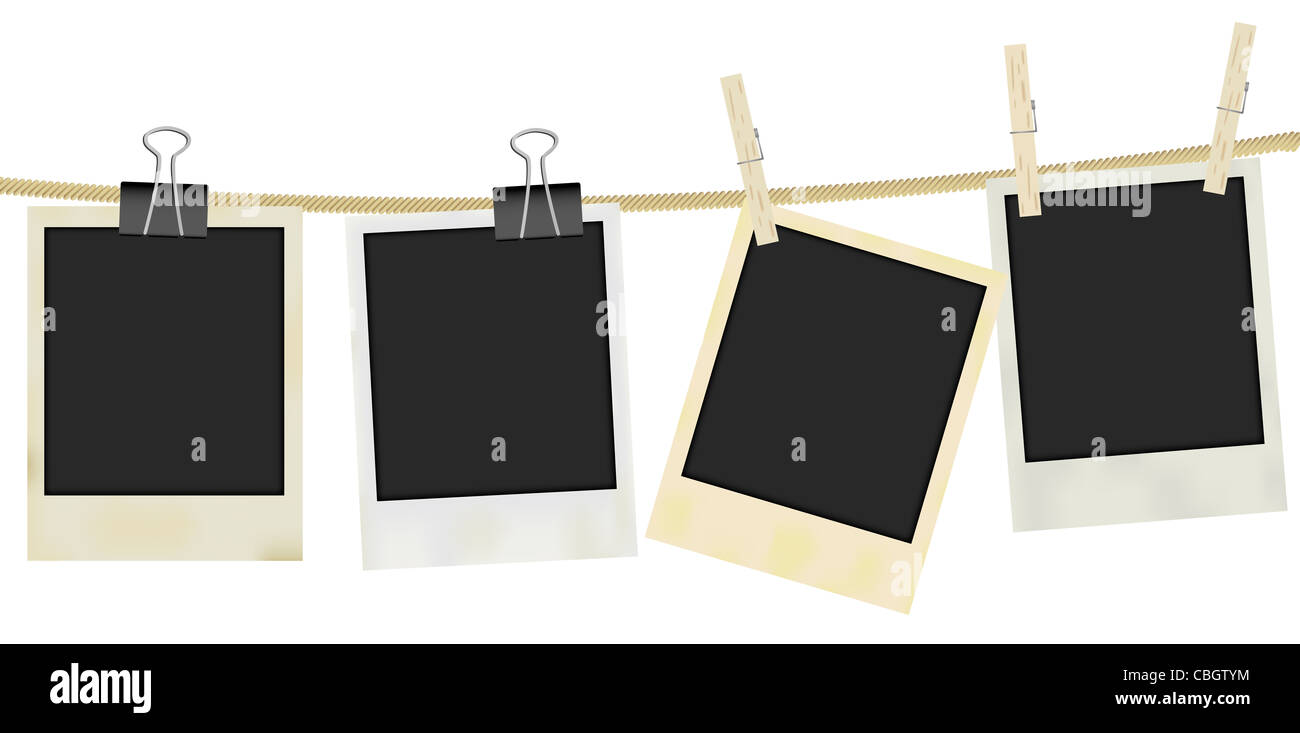 Collection of Old Retro Blank Photo Frames Hanging on Rope - Isolated ...