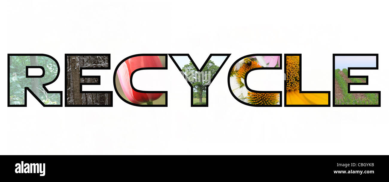 The outline of the word recycle with nature pictures inside of the ...