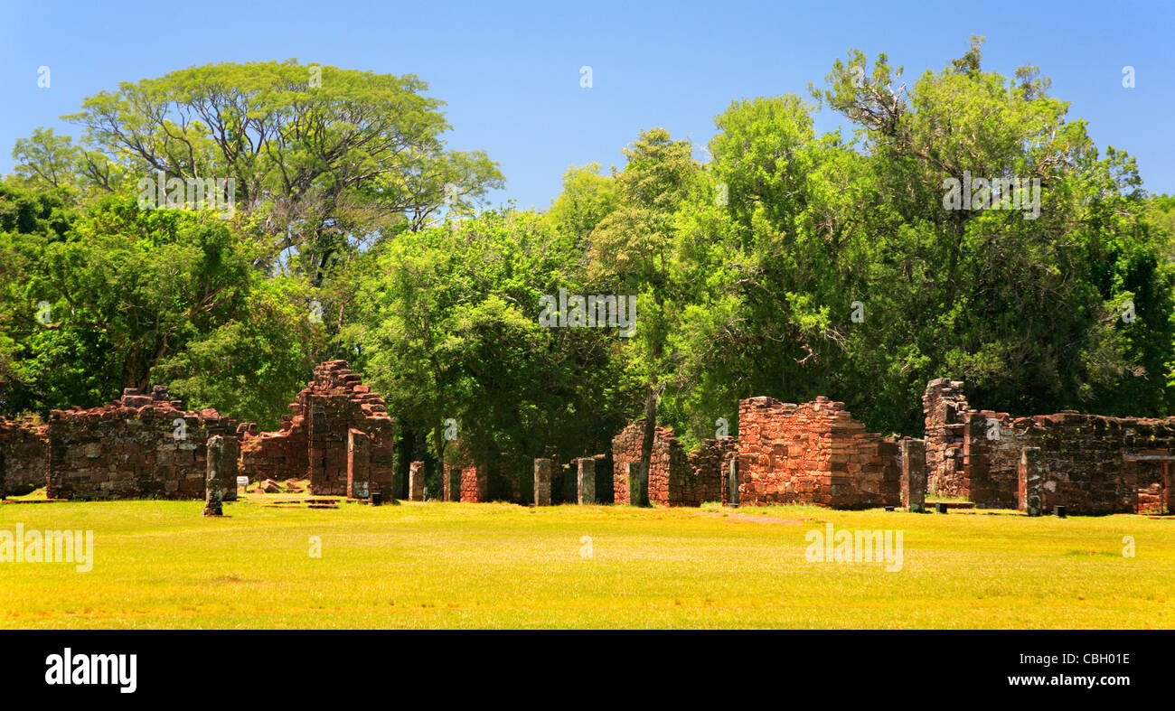 San Ignacio Miní ruins.The main square was surrounded by the church, a ...