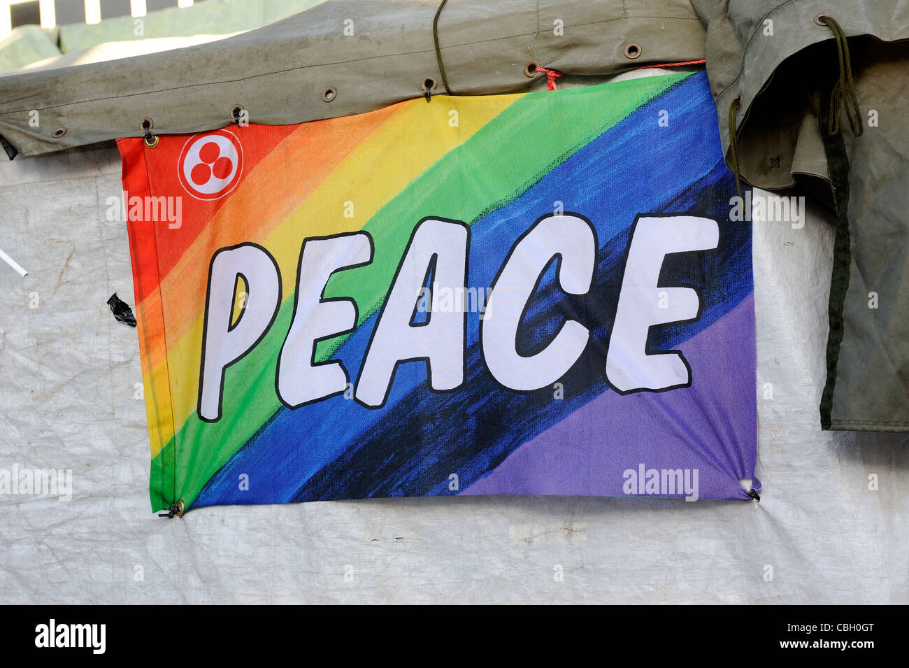 colourful peace banner at city protest camp nottingham england uk Stock ...