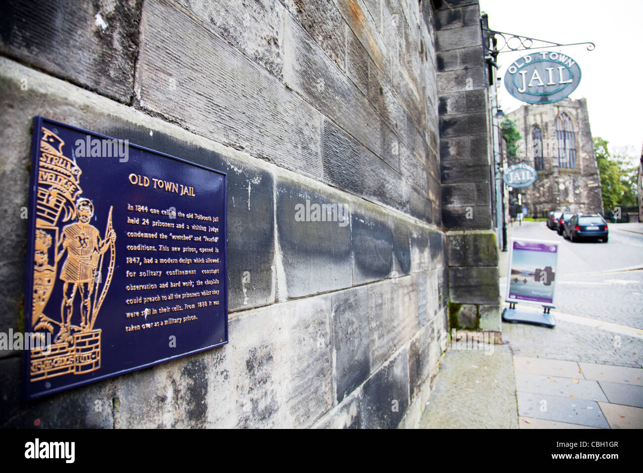 Scotland, Stirling, old town jail sign outside the front of entrance of ...