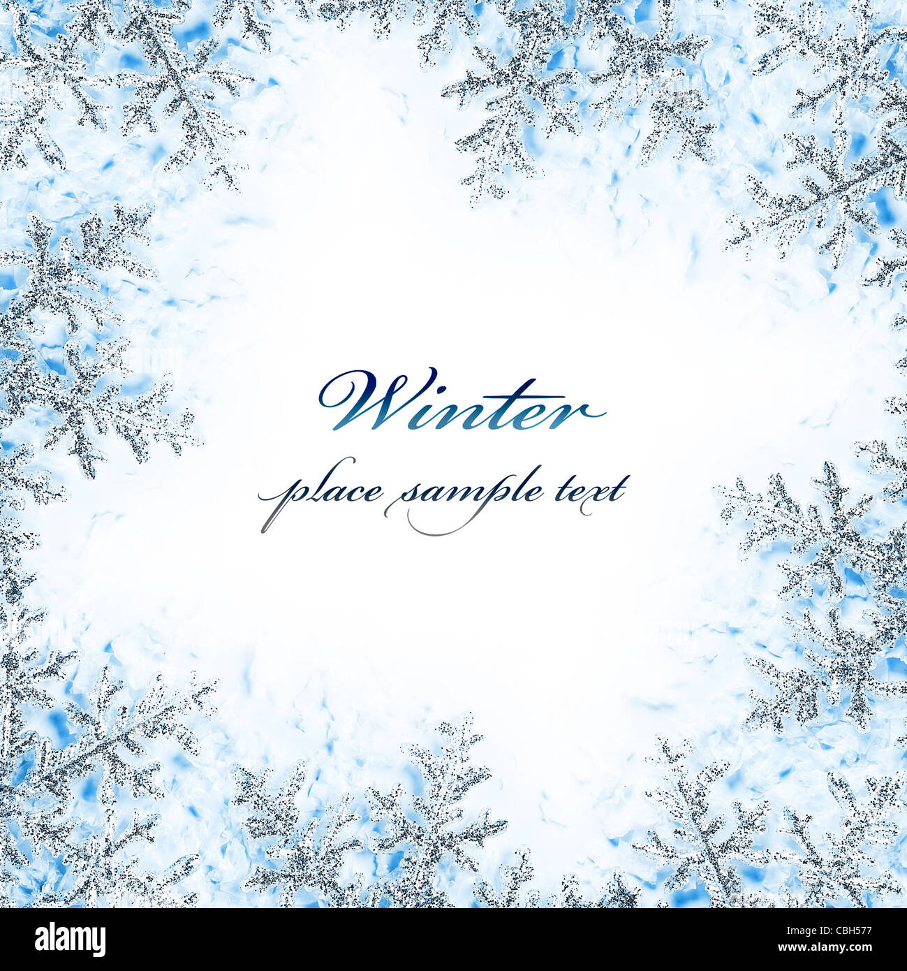 Snowflake decorative frame, beautiful blue cold frozen snow background ...