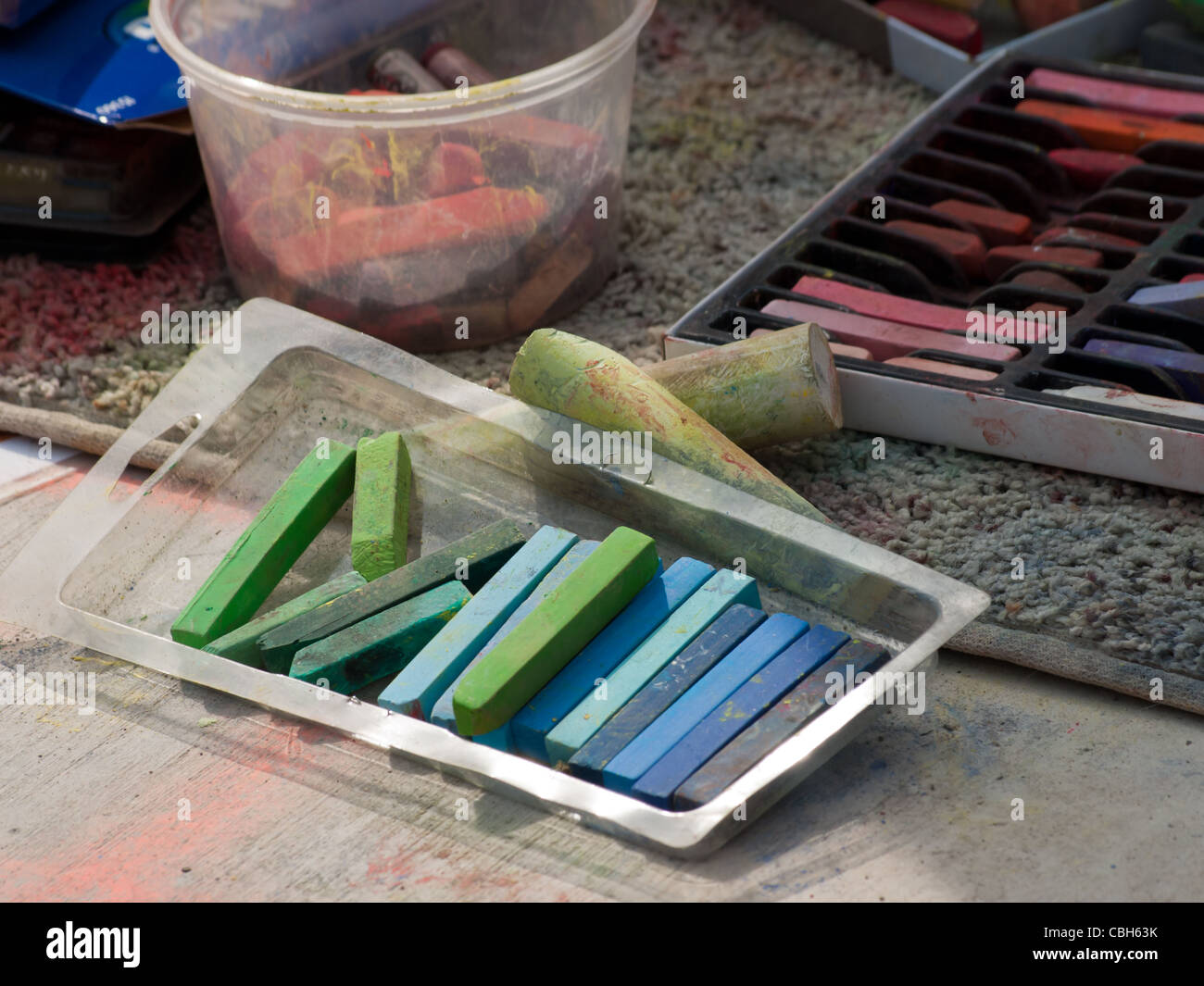 Chalks on the street during Chalk Art Festival in Denver, Colorado ...