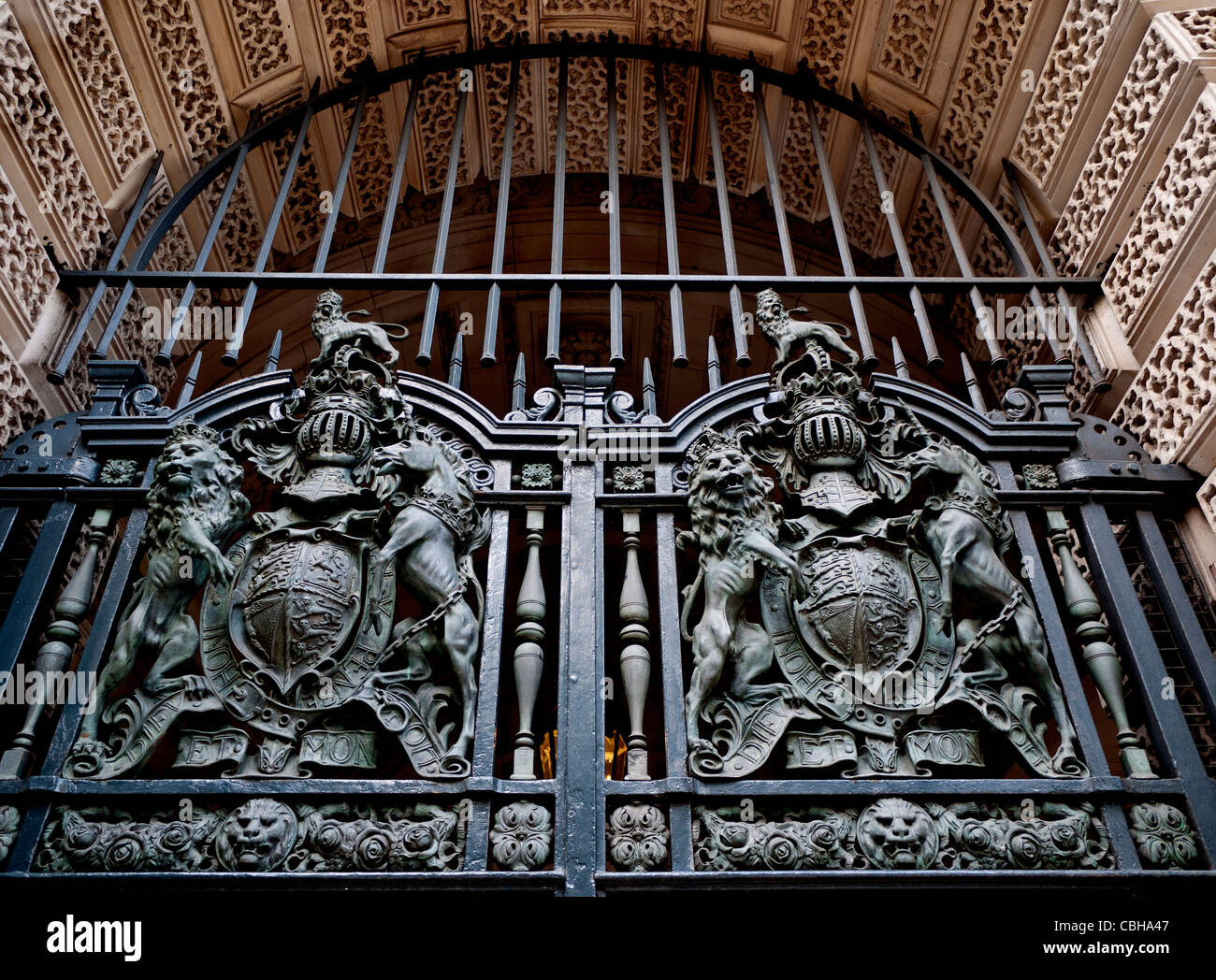 Imposing heraldic gates at entrance to The Foreign Office Whitehall ...