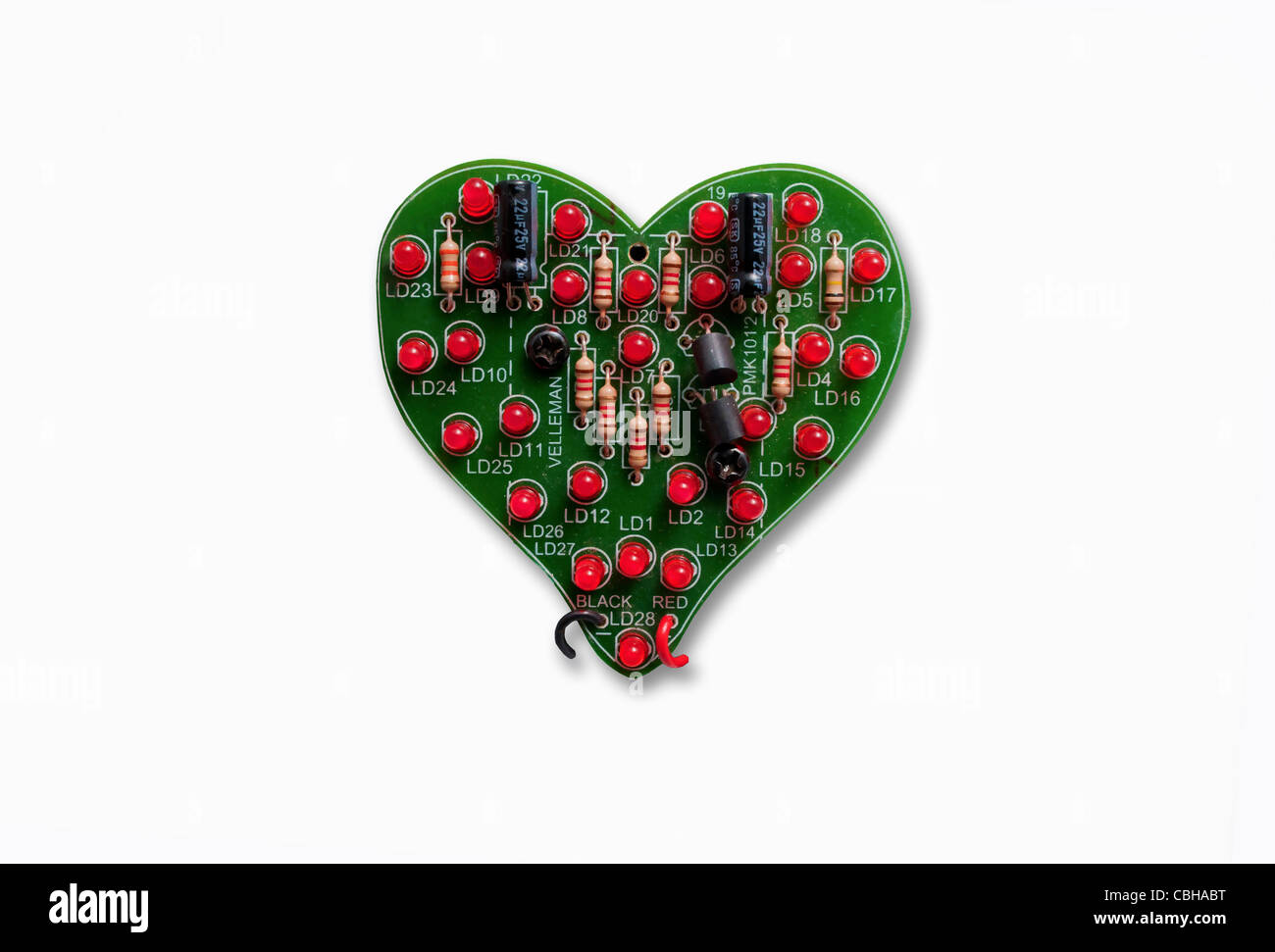 Green electronic heart with red led lights isolated on white Stock ...