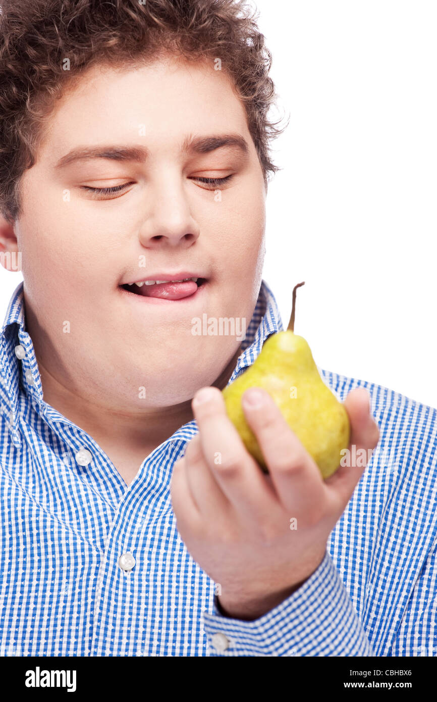 Happy chubby man holding pear, isolated on white Stock Photo - Alamy