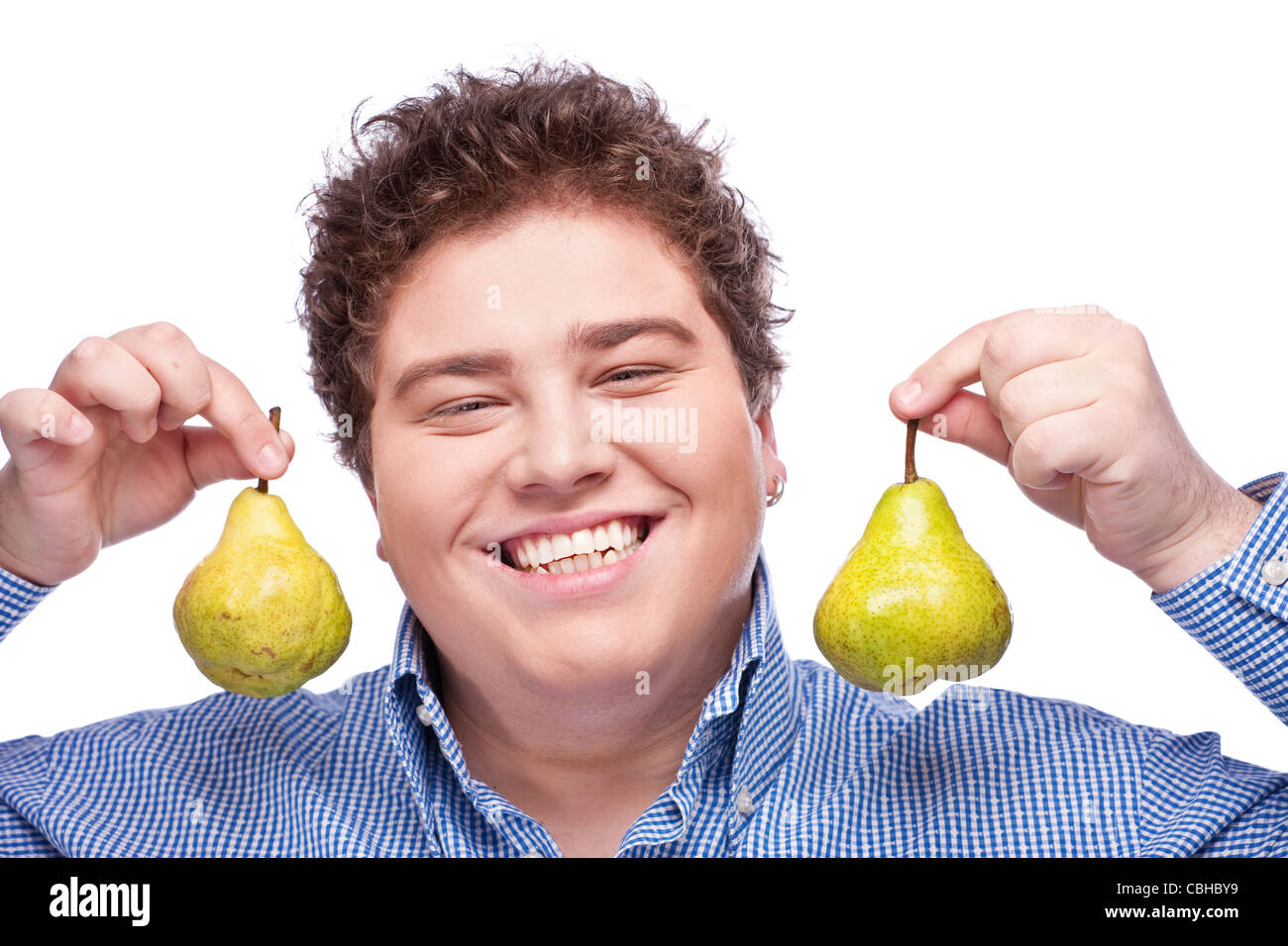 Happy chubby man holding pear, isolated on white Stock Photo - Alamy