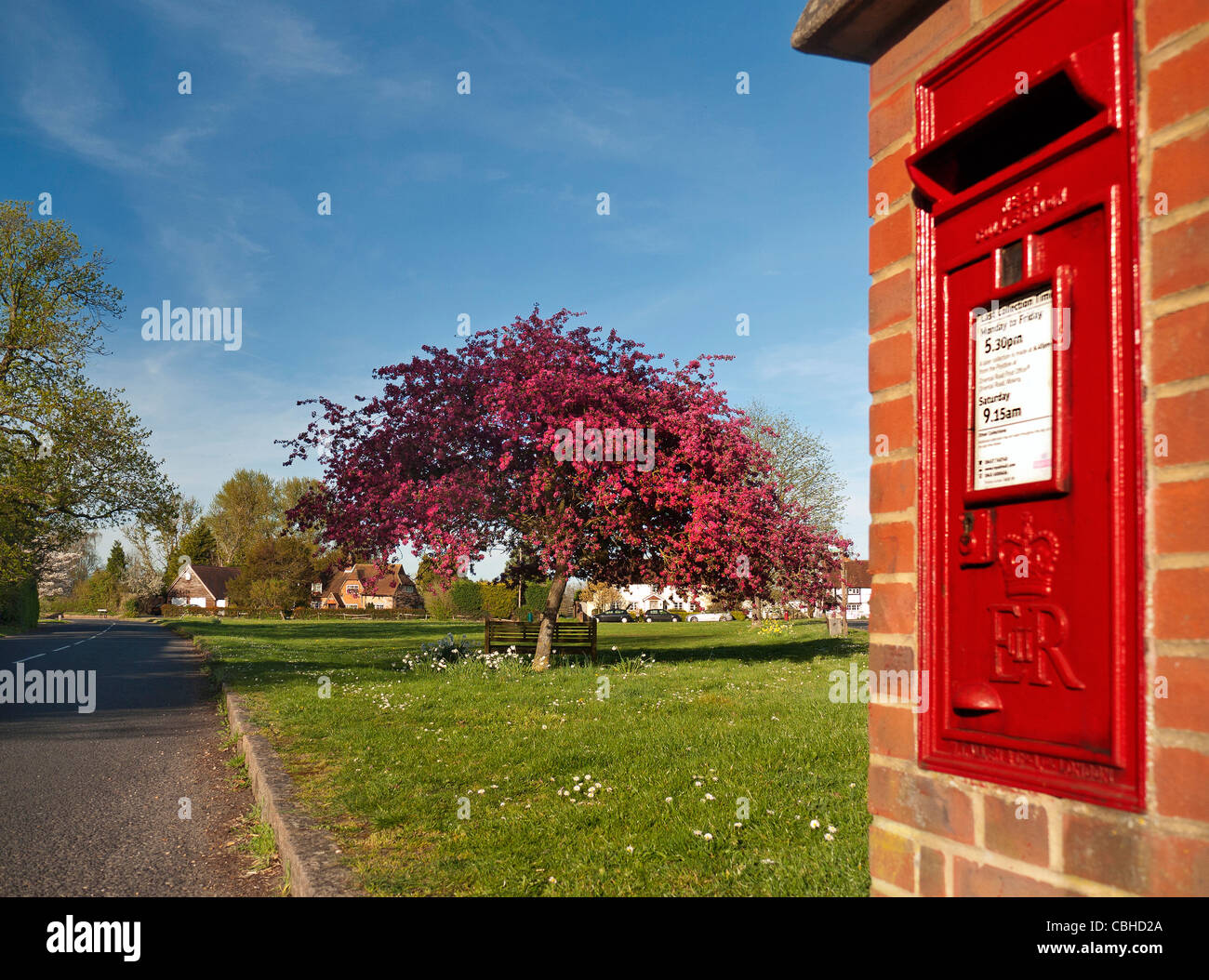 Royal Mail red post box and village green behind in spring colour Send ...
