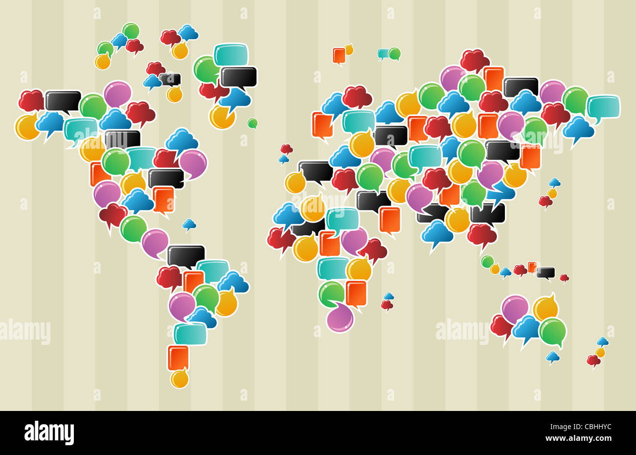 Social speech bubbles in different colors and forms in globe world map ...