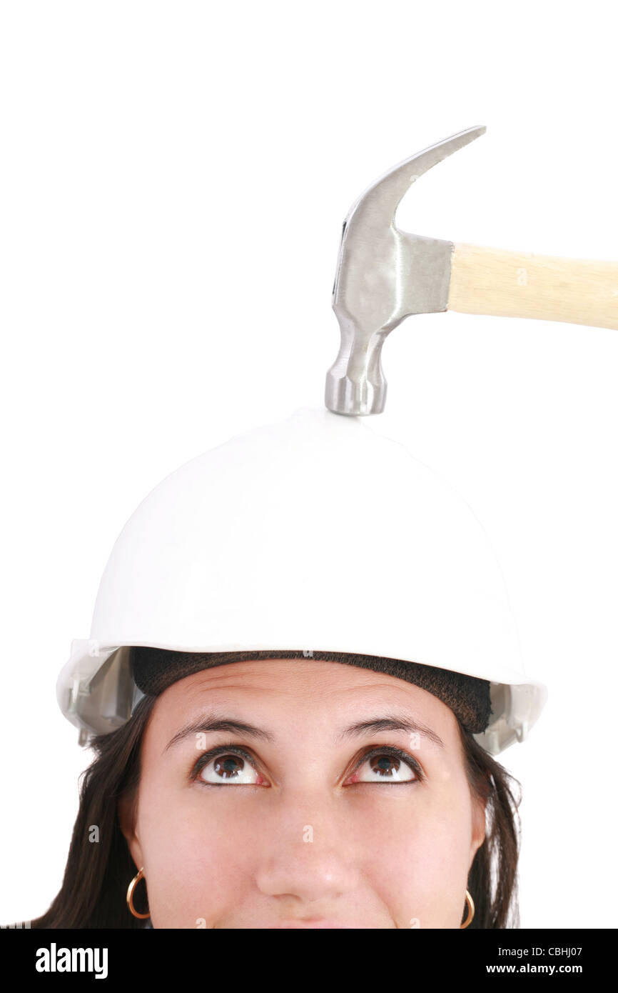 girl with safety helmet about to be hit by a hammer over a white ...