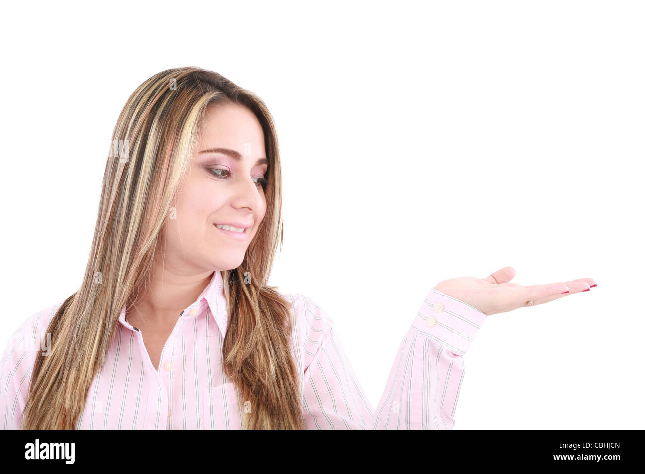 young girl introducing something Stock Photo - Alamy