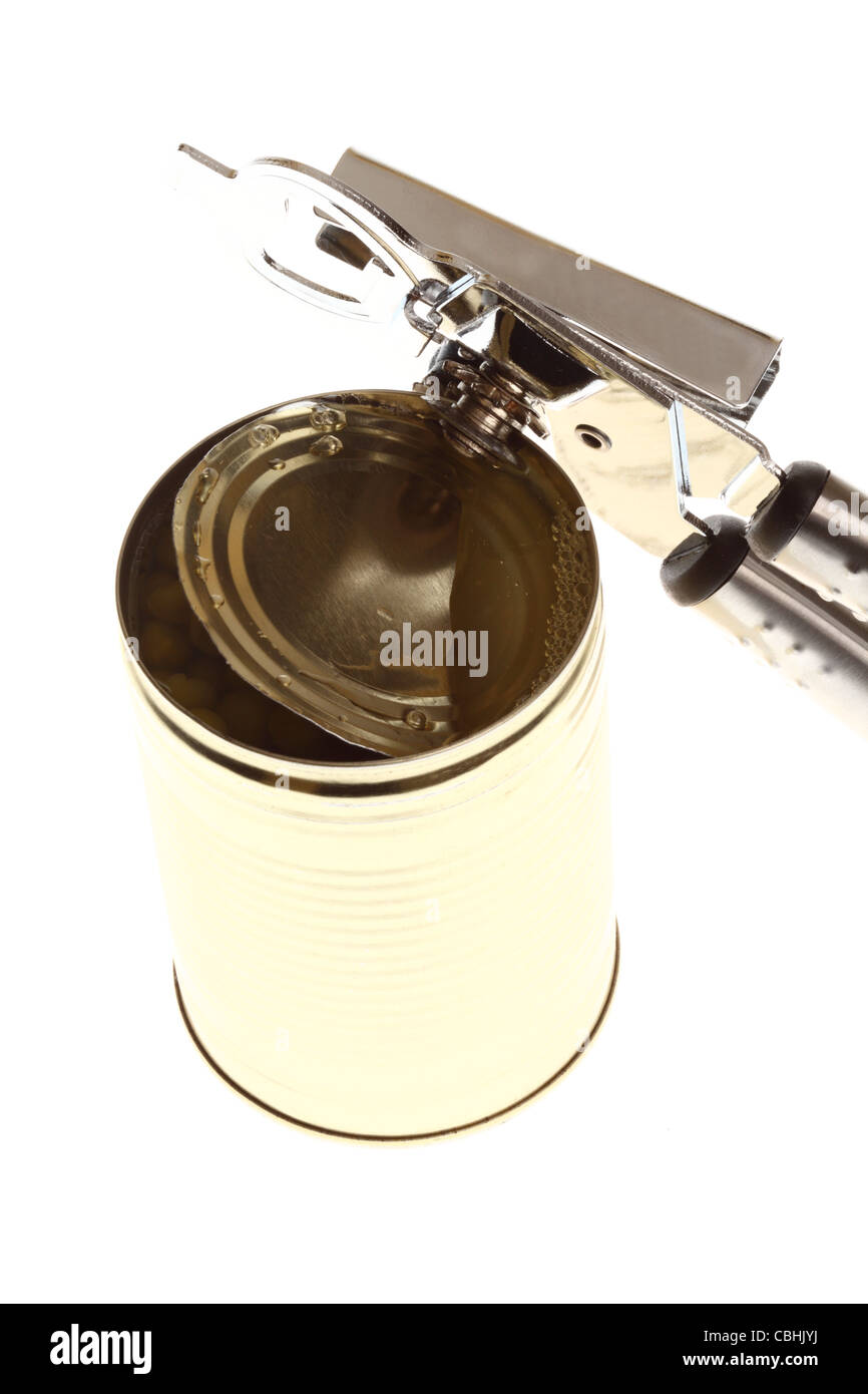 Tin opener opening a can of food isolated on white Stock Photo - Alamy