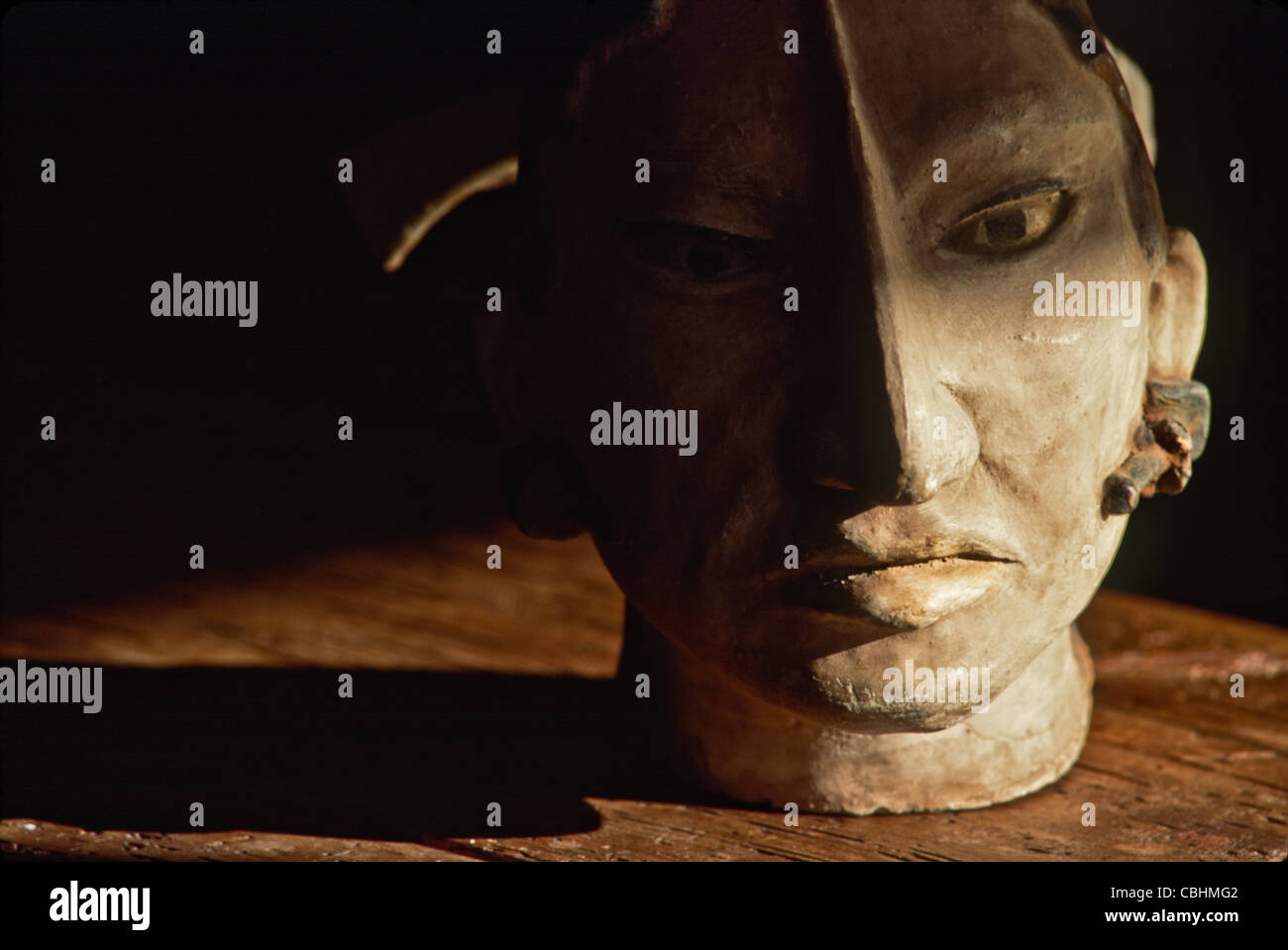 Folk art clay head of Pakal the Great, the Mayan leader of Palenque ...