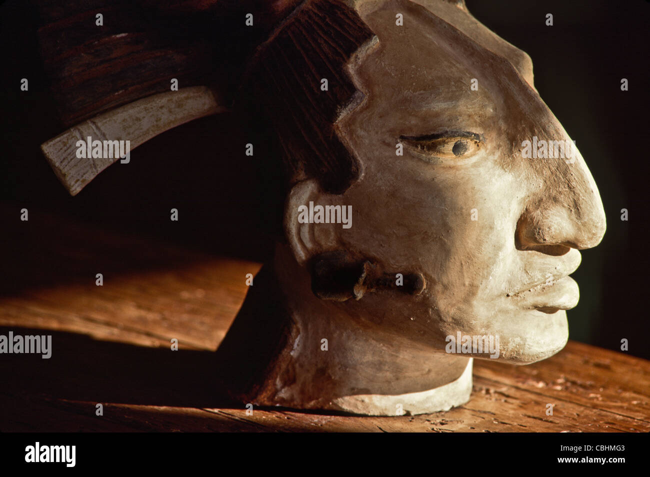 Folk art clay head of Pakal the Great, the Mayan leader of Palenque ...