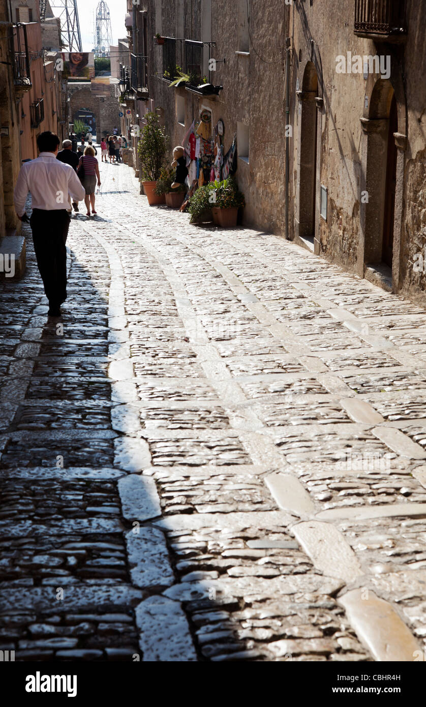 The cobble street in the medieval town Erice, Sicily Stock Photo - Alamy
