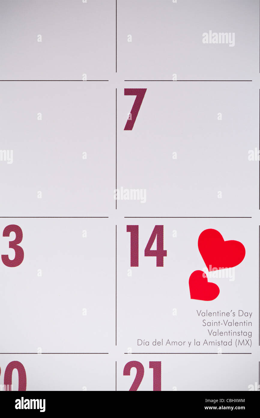 February 14th (Valentines Day) on a calendar with hearts Stock Photo ...