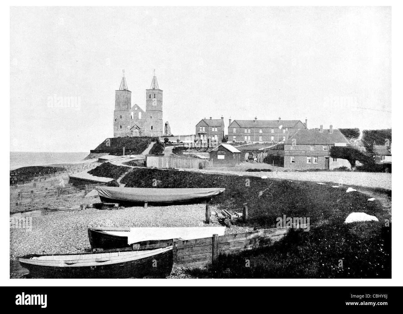 Reculver village coastal resort England twin towers St Mary's Church ...