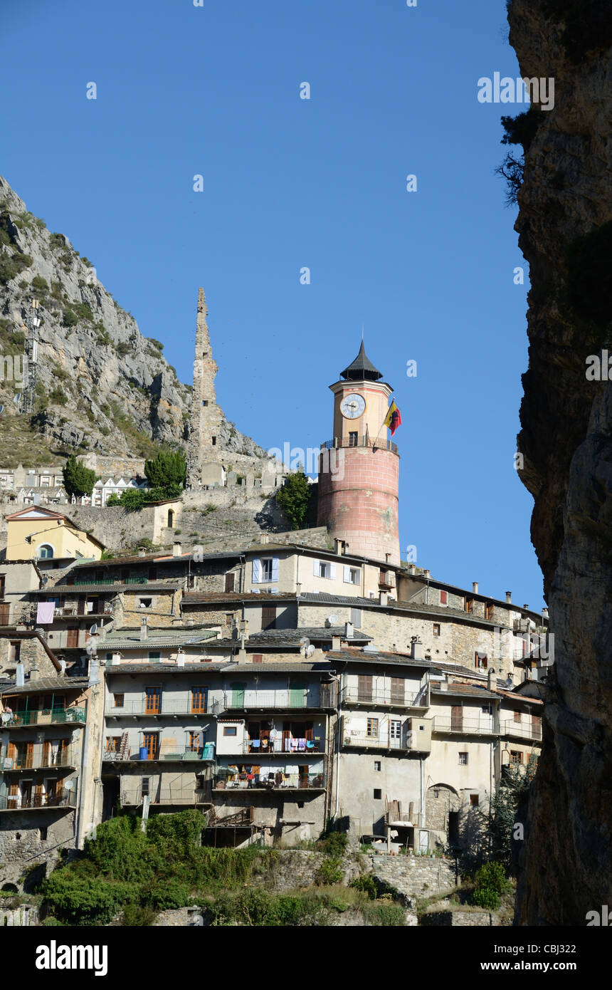 Tende, View of Old Town with Houses and Clock Tower on Hillside, Roya ...
