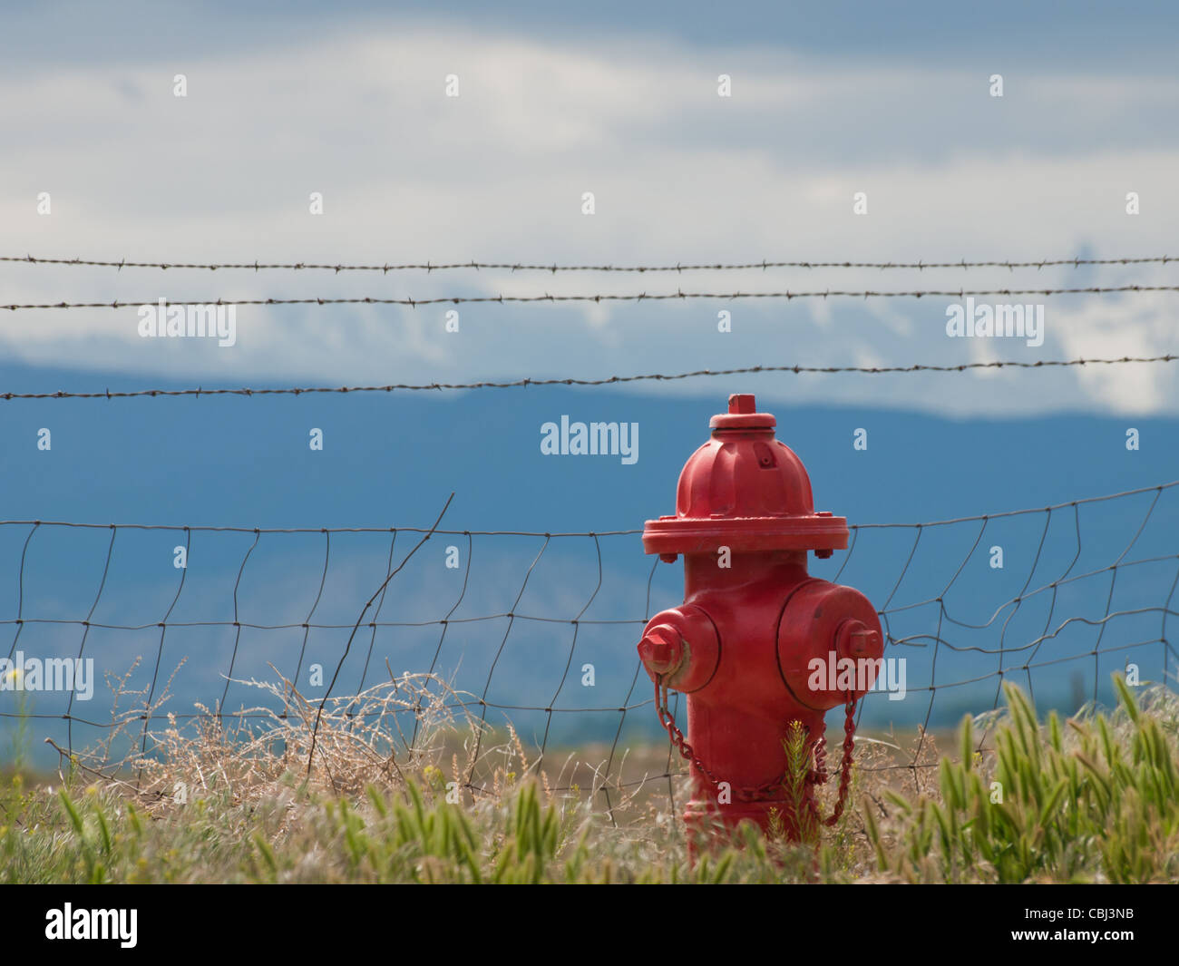 Red fire hydrant on background of snow-covered mountain peaks of Rocky ...