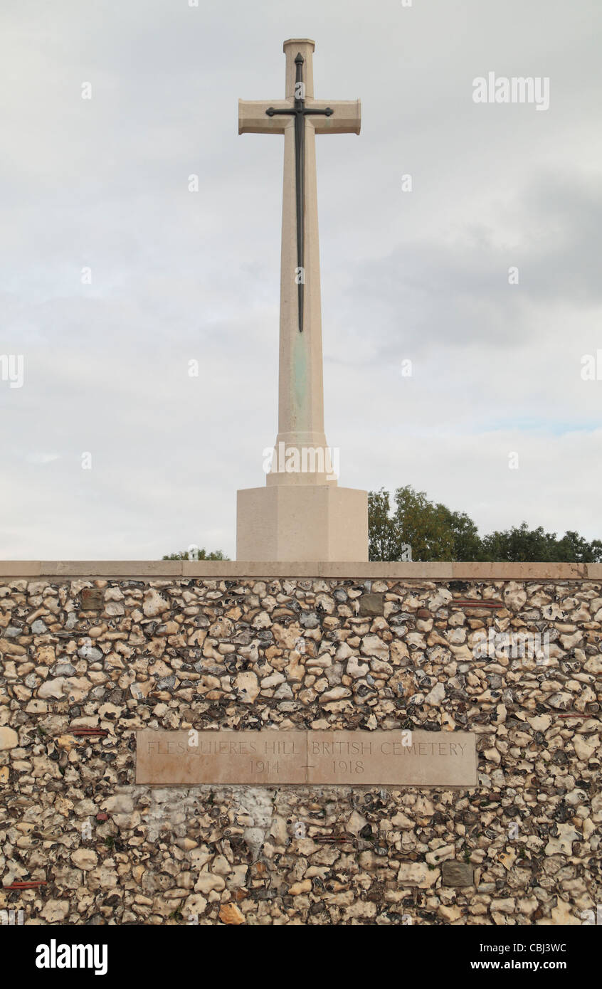 The Cross of Sacrifice and entrance wall of the CWGC Flesquieres Hill ...