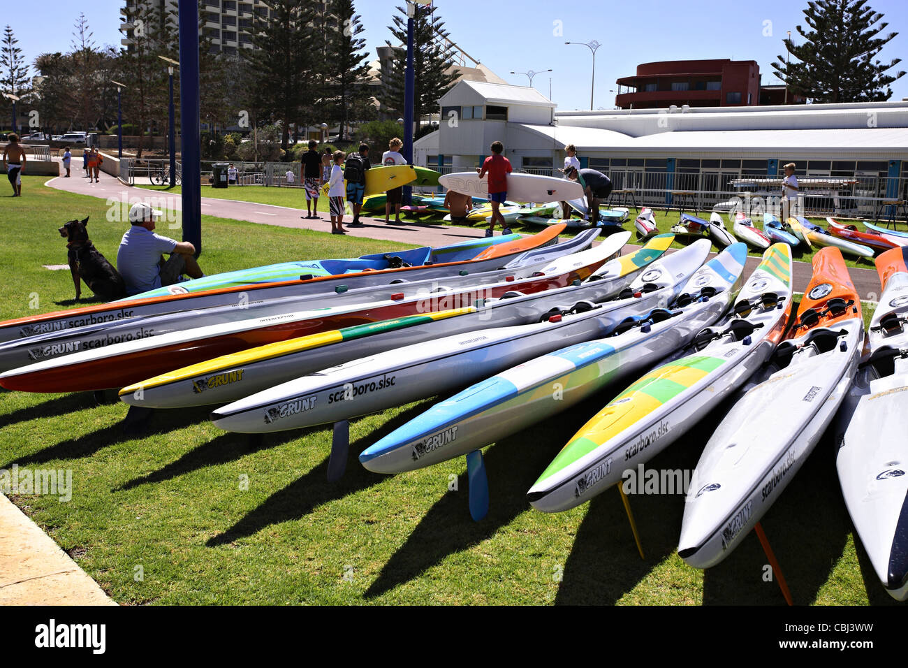 Surf skis on grass area on Scarborough Beach foreshore, Perth, Western ...