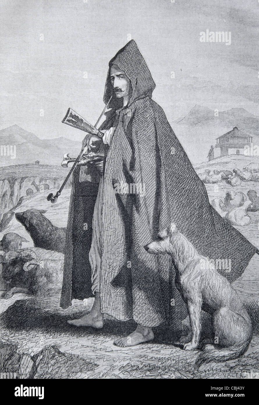 Bosnian Shepherd in Felt Cloak or Coat, Bosnia. c19th Engraving.or ...
