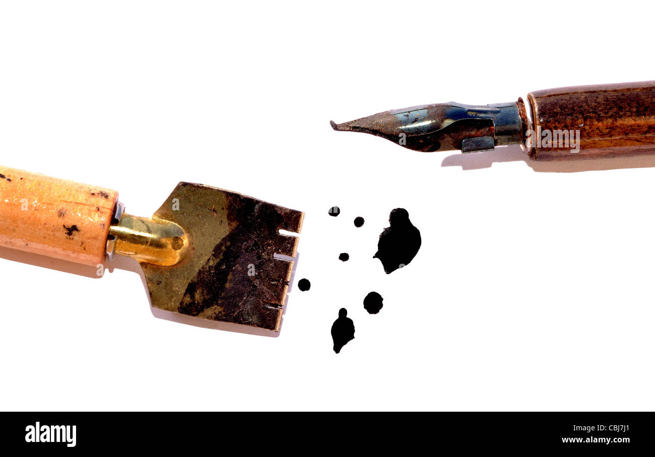 Two Pens and Drops of Ink Stock Photo - Alamy