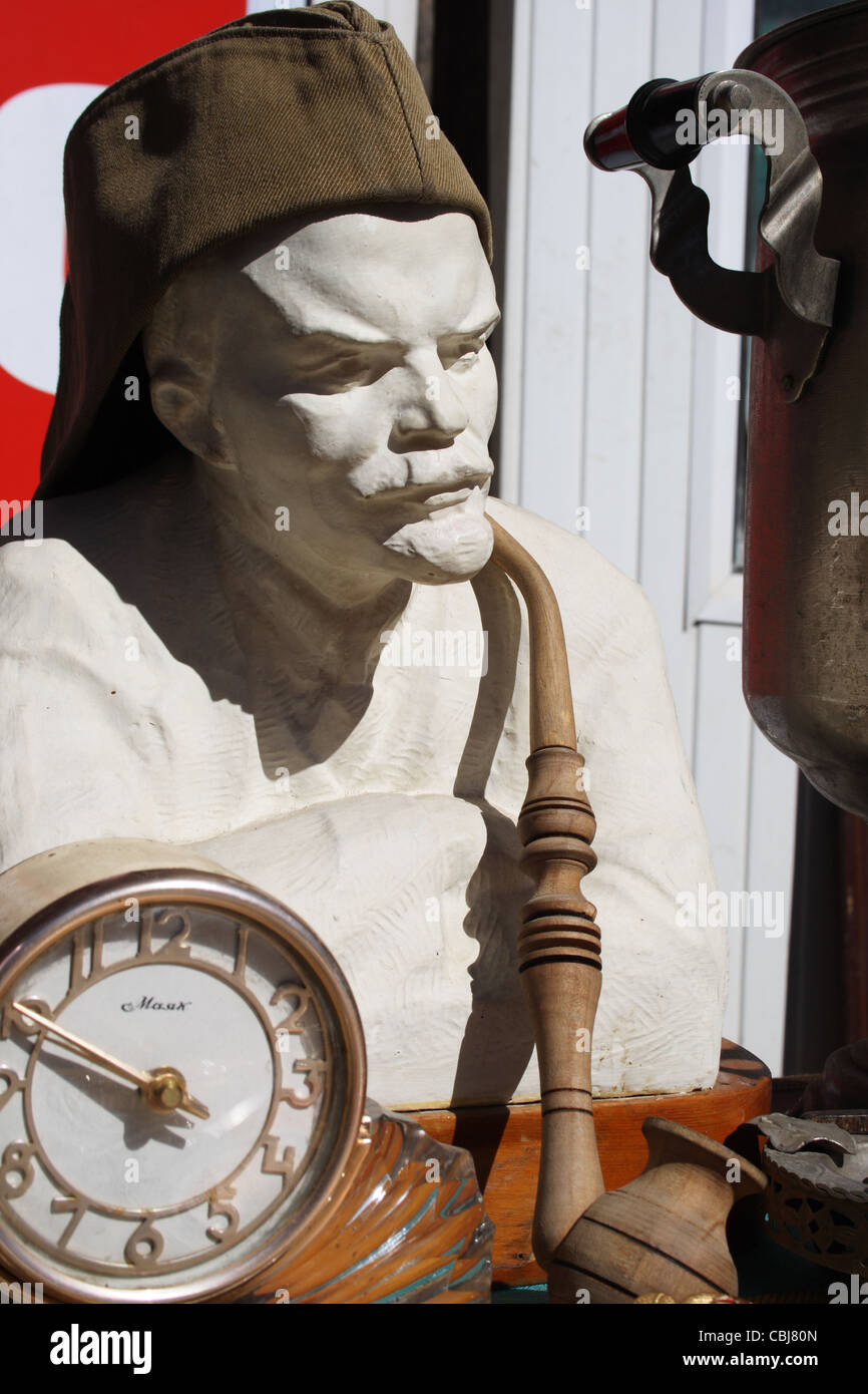 Bust of Lenin in a soldier's cap and soviet clock, Flea Market, Lugansk ...