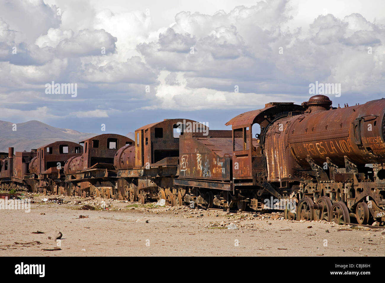 Rusty locomotive engines at cemetery of trains near Uyuni, Altiplano ...