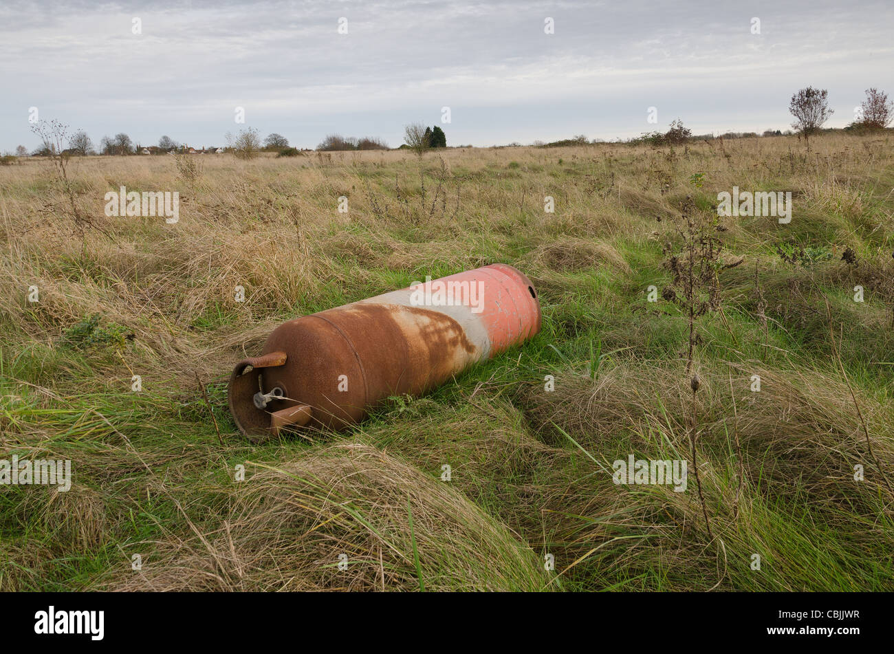 Discarded gas cylinder dumped on common ground Stock Photo - Alamy